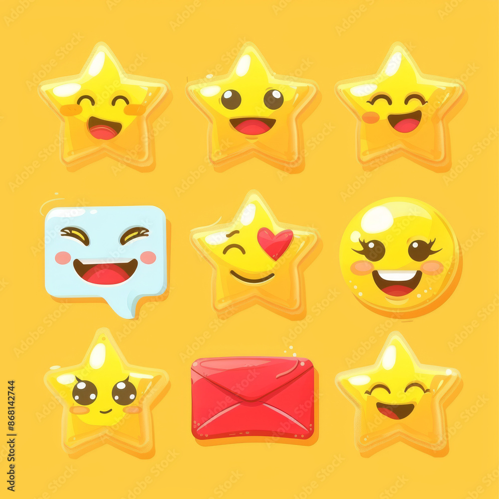Set of 5-star positive review icons, representing feedback and high ...