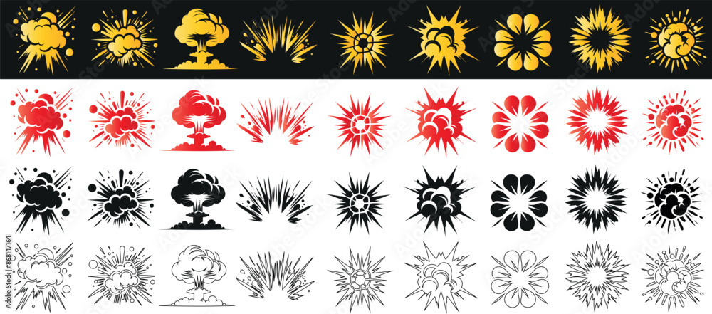 Explosion icon set, bomb blast illustrations, explosion graphics, nuclear explosion symbols ...