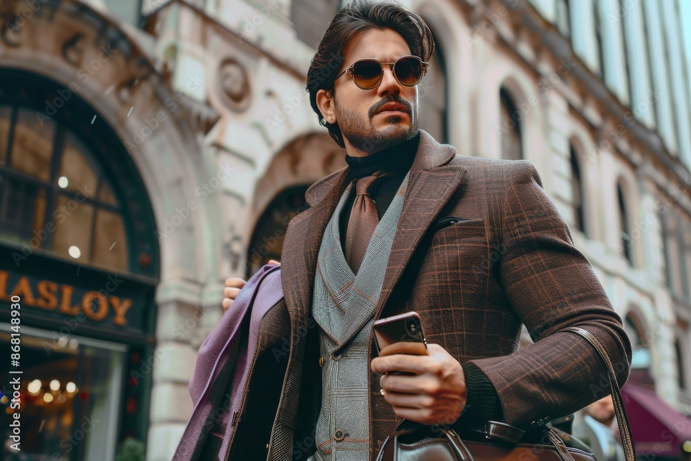 Charming gentleman with bag Handsome desirable man, out in the city on ...