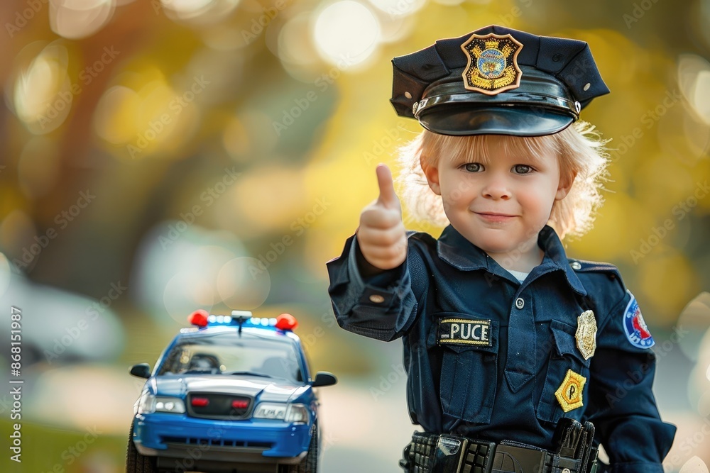 Cute child dressed as a police officer, standing next to a toy police ...