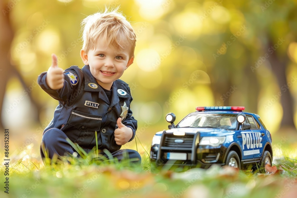 Cute child dressed as a police officer, standing next to a toy police ...