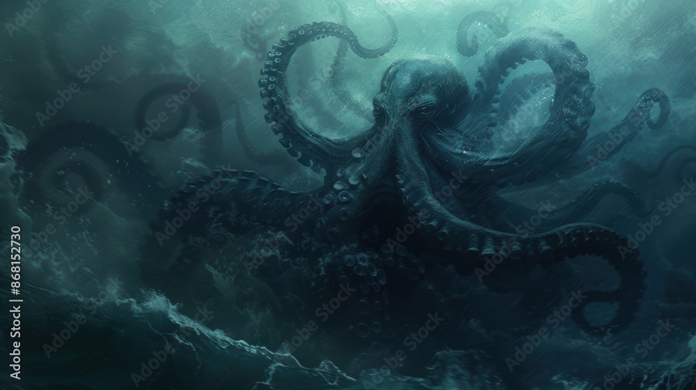 Mysterious underwater scene with a giant octopus, surrounded by a dark ...