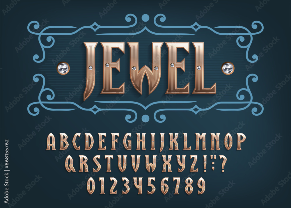 Jewel alphabet font. 3d golden letters and numbers with diamond inlays ...