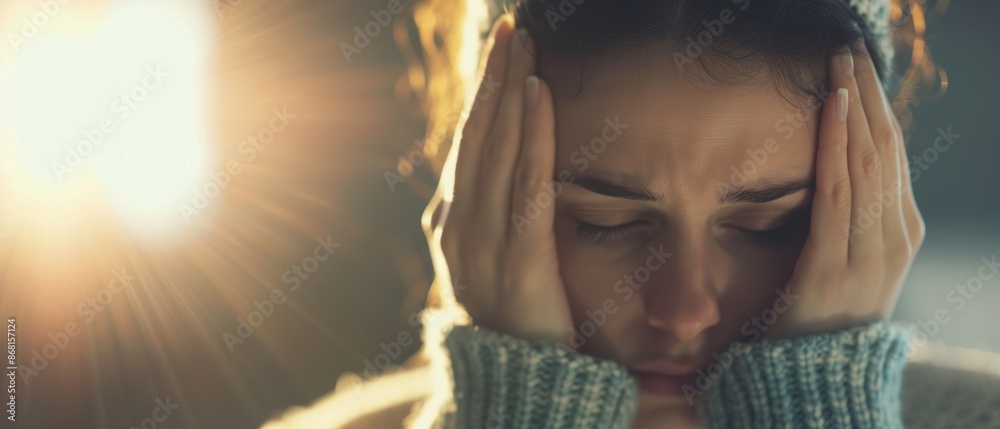 Woman feeling stressed and overwhelmed, head in hands, represented in ...