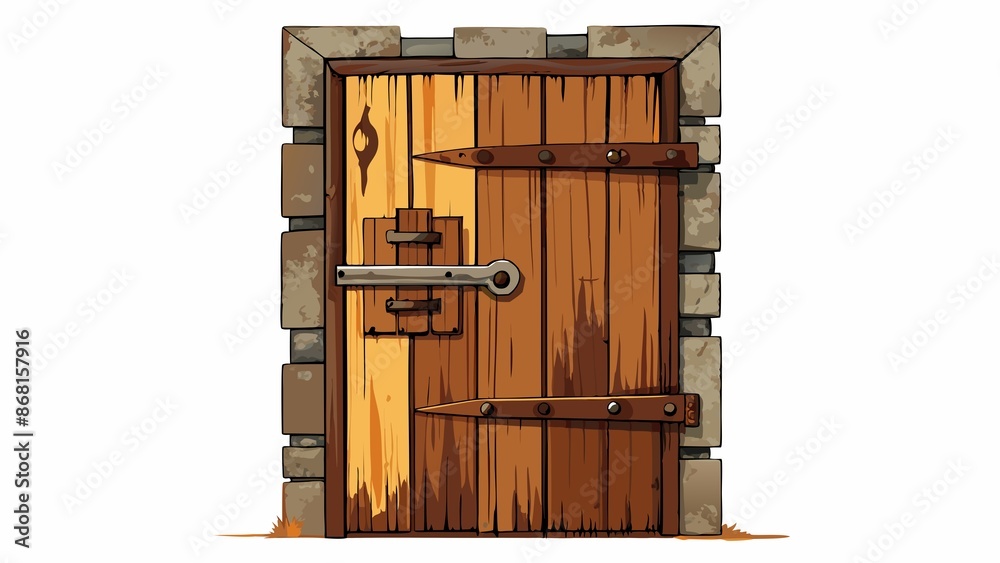 Old, worn-out wooden door with rusty hinges and worn-out lock, isolated ...