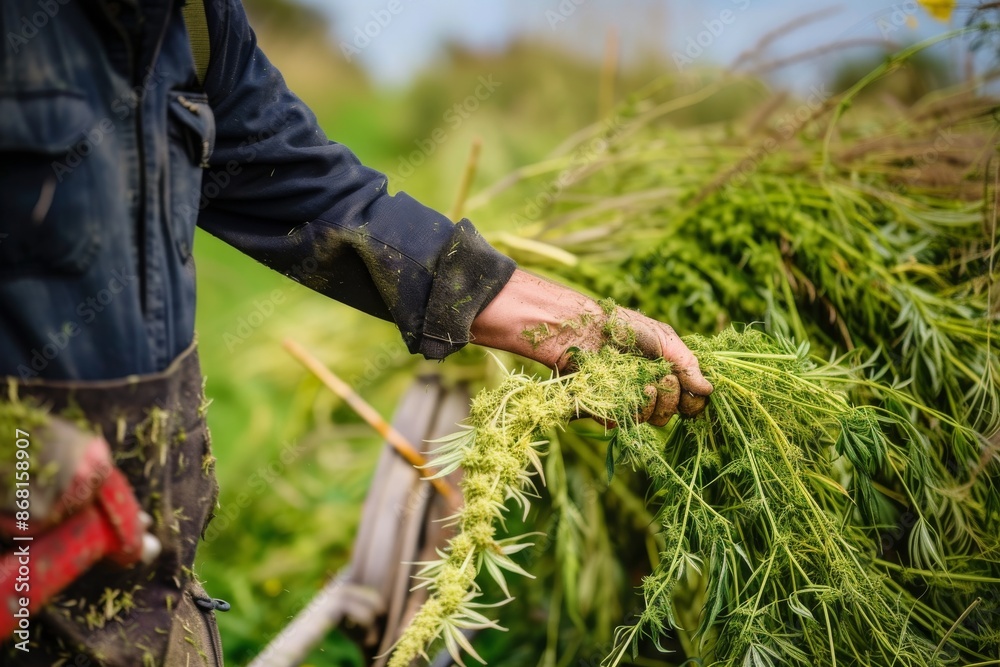 Farm worker harvesting cannabis and hemp plants on the agricultural ...