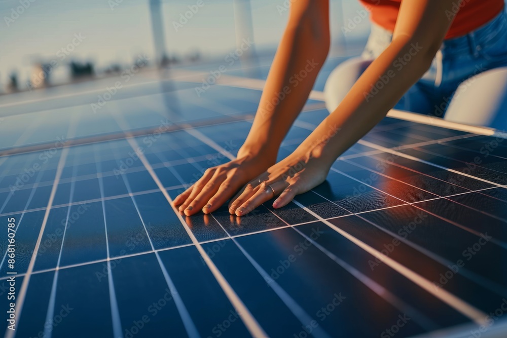 Woman hands touching solar energy panels at power station Young woman in hot pants touching ...