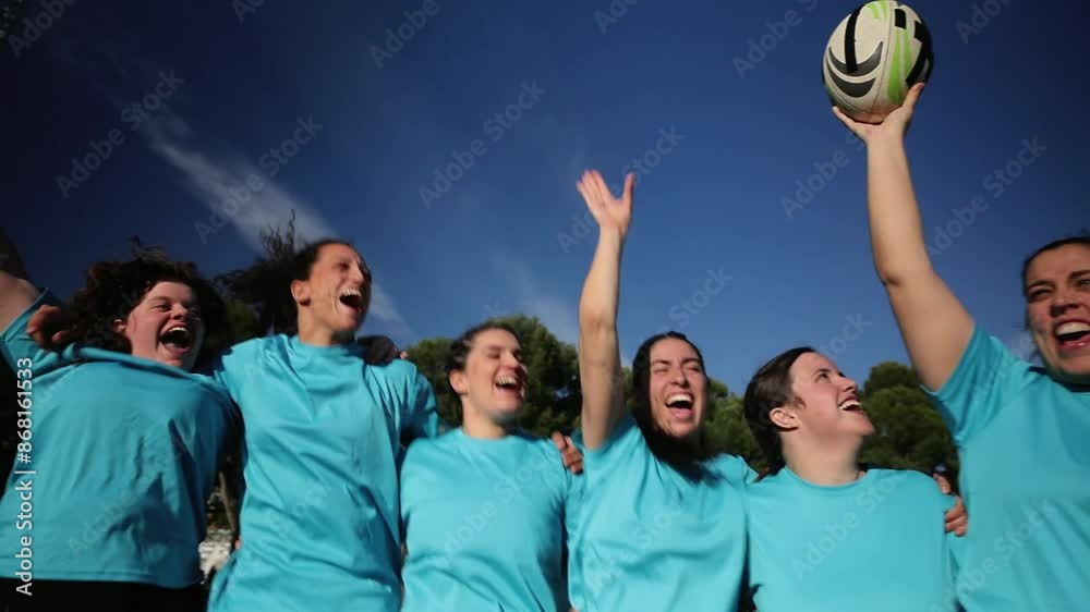Jubilant Female Rugby Team Celebrates Victory. Excited female rugby ...
