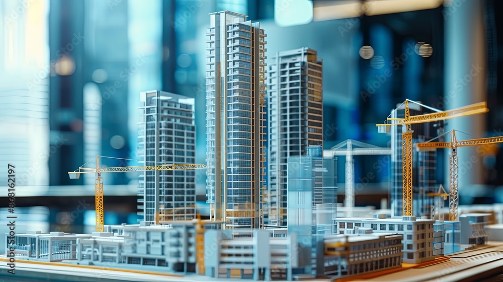 Architectural blueprint of a modern skyscraper model at a busy ...