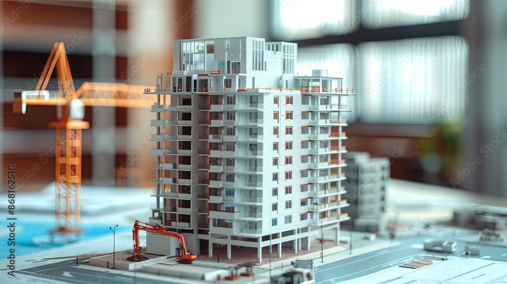 Architectural blueprint of a modern skyscraper model at a busy ...