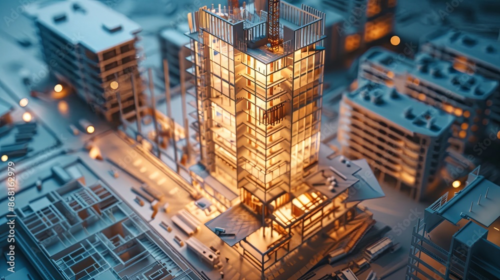 Architectural blueprint of a modern skyscraper model at a busy ...