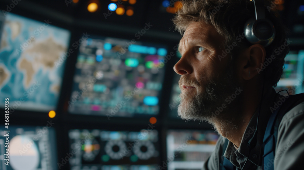 Foto de Man in control room with multiple screens. Concept of ...