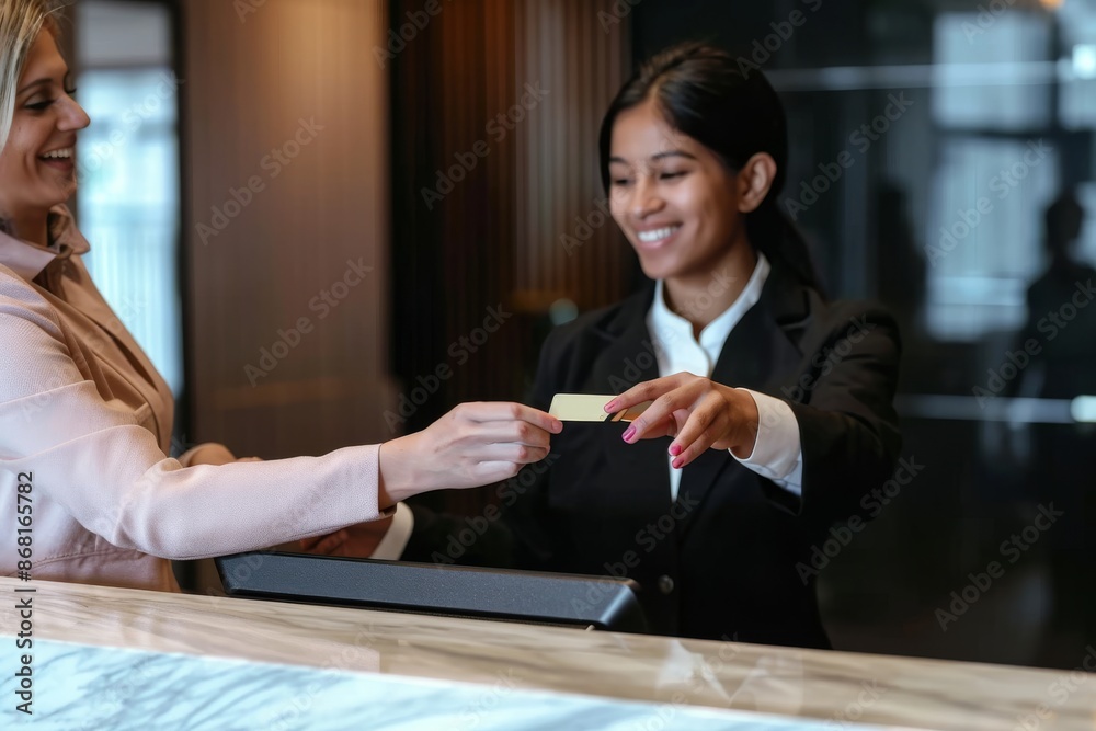 Female guest taking room key card at check-in desk Female guest taking ...