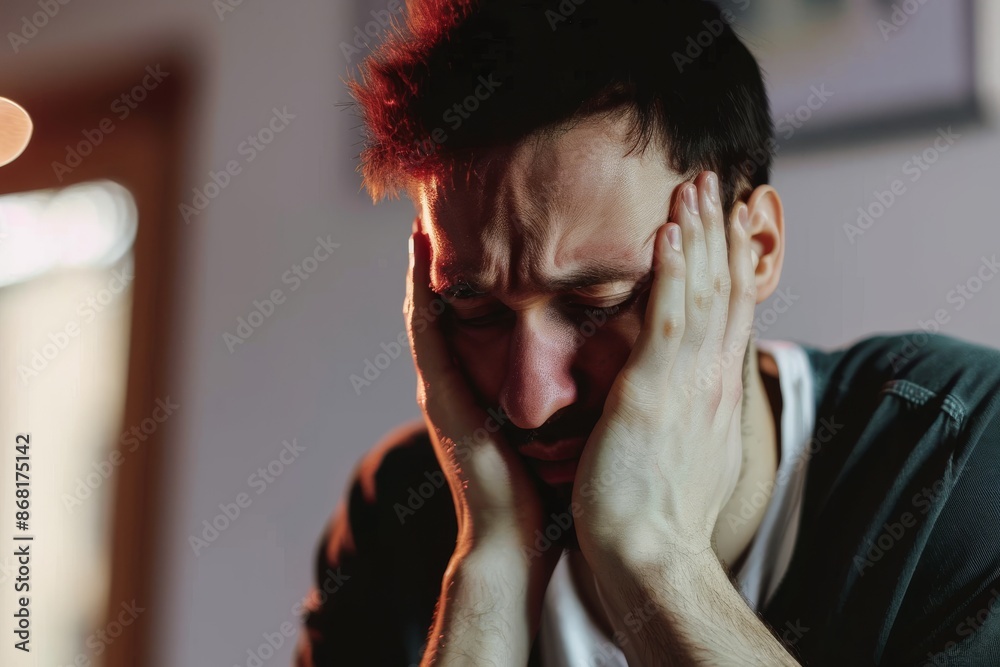 Young depressed man touching face while suffering from post traumatic ...