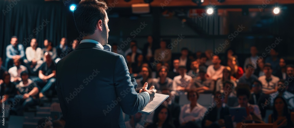 In a modern event venue, a speaker is engaging with the audience ...