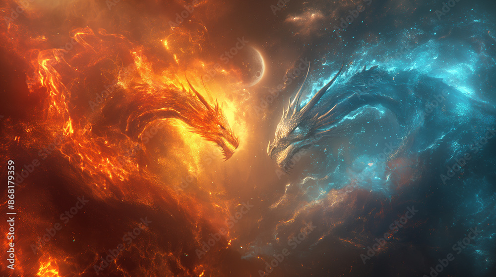 Fire dragon surrounded by flames, ice dragon surrounded by frost, warm ...