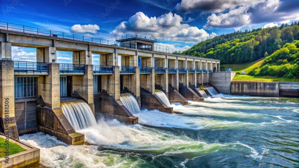 Hydroelectric power station gates with water flowing through them ...