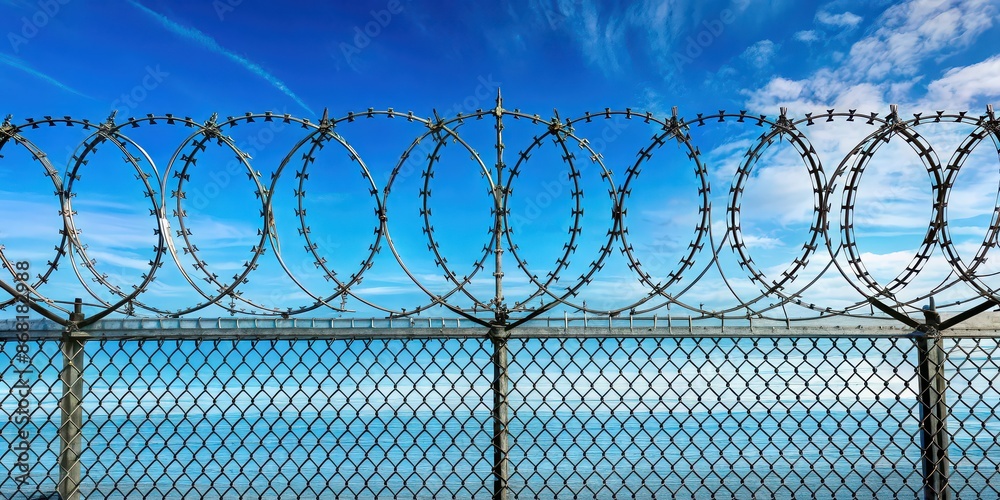 Barbed wire barrier blocking access to a restricted area, security ...