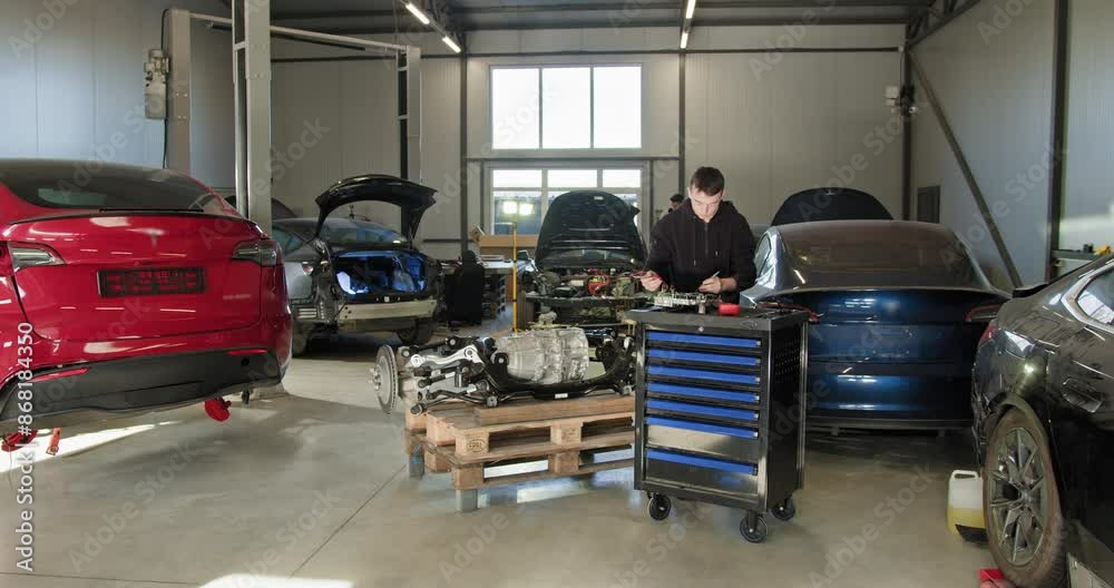 An auto mechanic working on a disassembled electric car engine in a ...