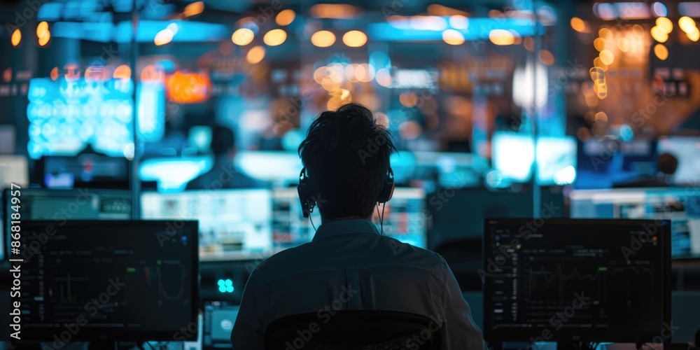 In a digital media control room, a man oversees operations on multiple ...