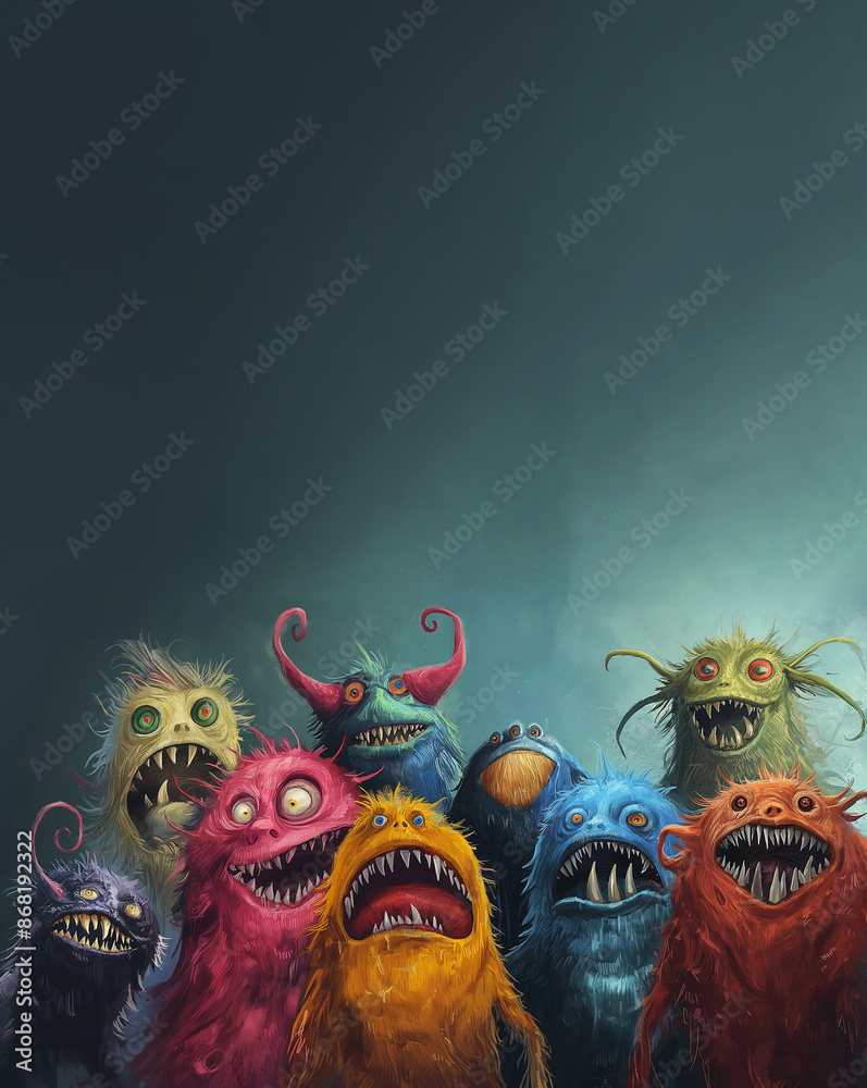 Monsters. Drawing of childhood nightmares. Monsters of different colors ...