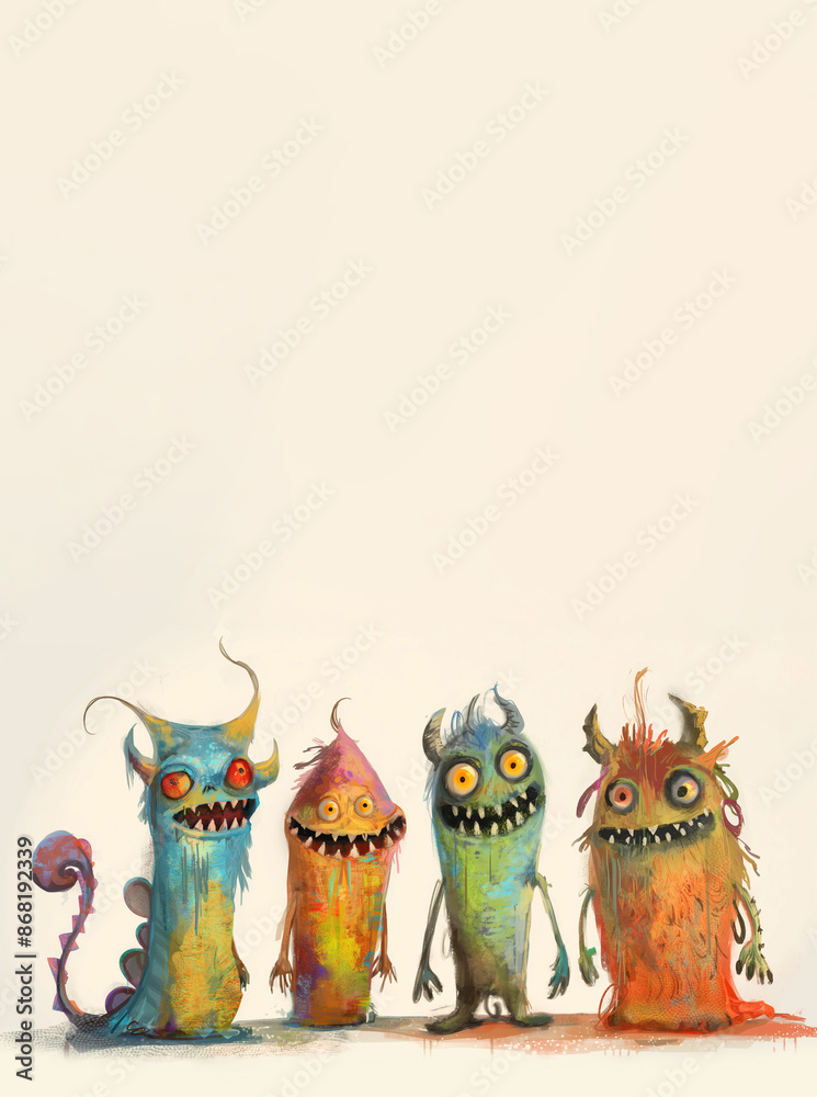 Monsters. Drawing of childhood nightmares. Monsters of different colors ...