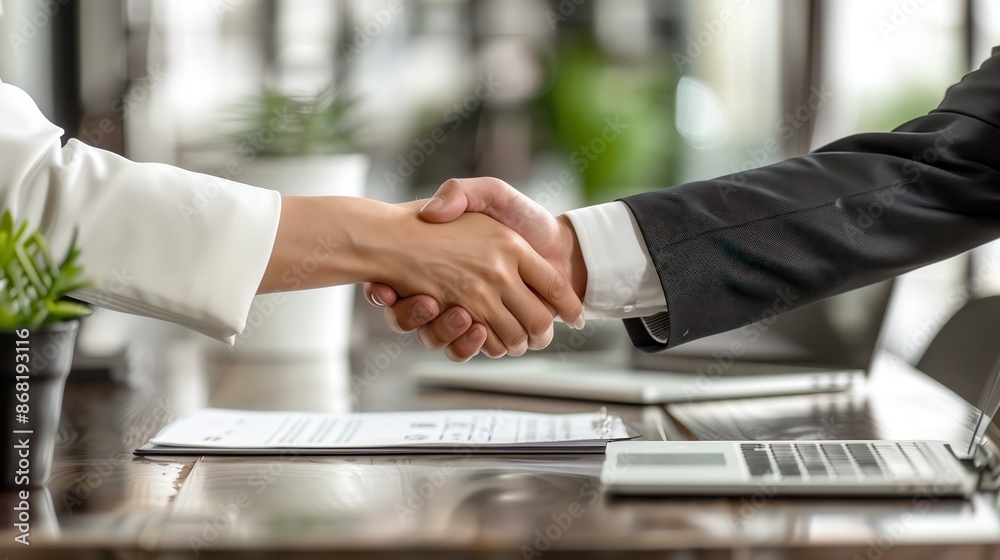 Professional handshake between business partners at the office table ...