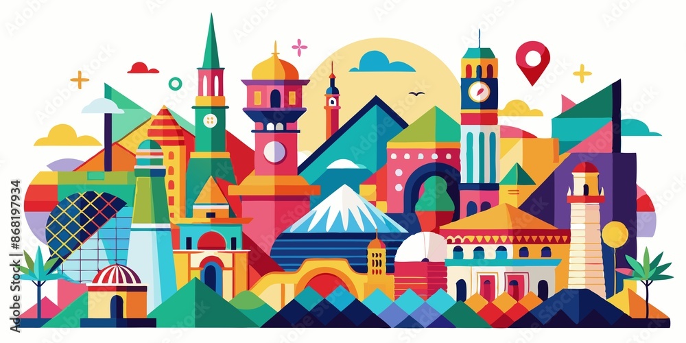 Colorful geometric shapes featuring famous tourist destinations and ...