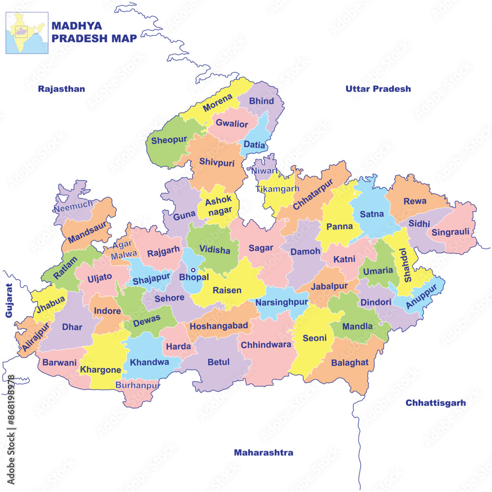 Detailed vector Illustration of Madhya Pradesh map District map with ...
