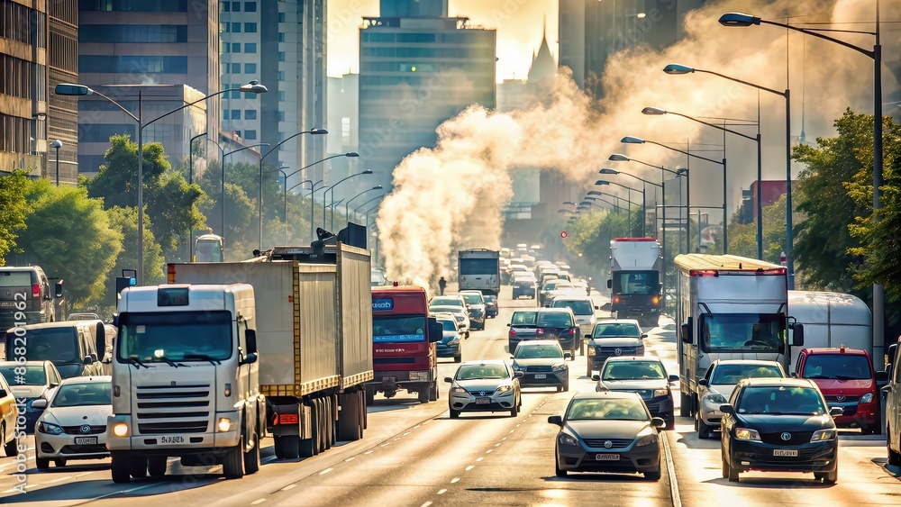 Traffic jam on a busy city street with heavy vehicle emissions ...
