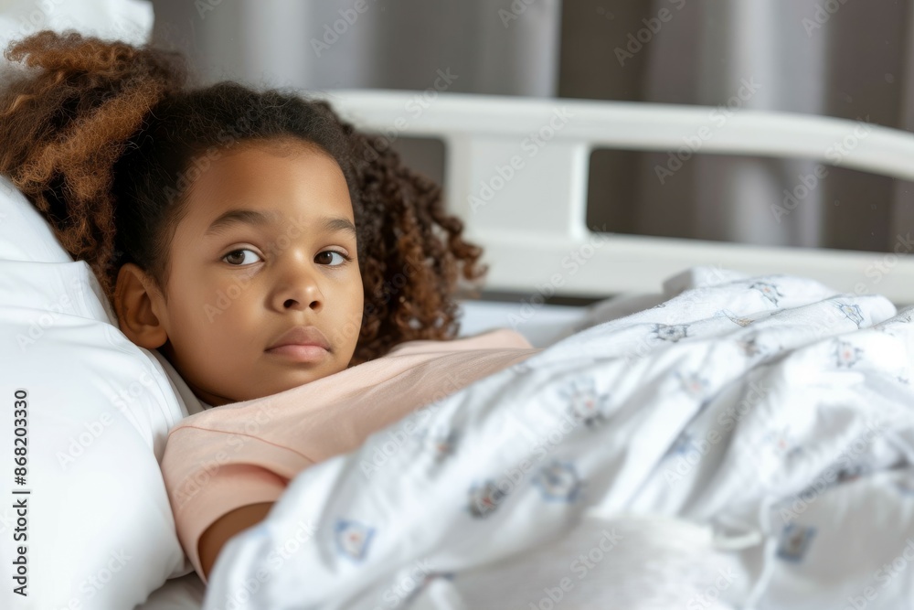 Girl feeling poorly and lying in bed at the hospital African American ...
