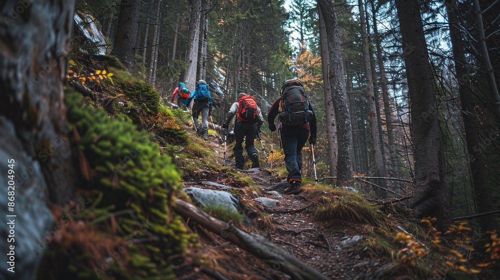 Hikers with trekking poles walking up a steep forest path Stock ...