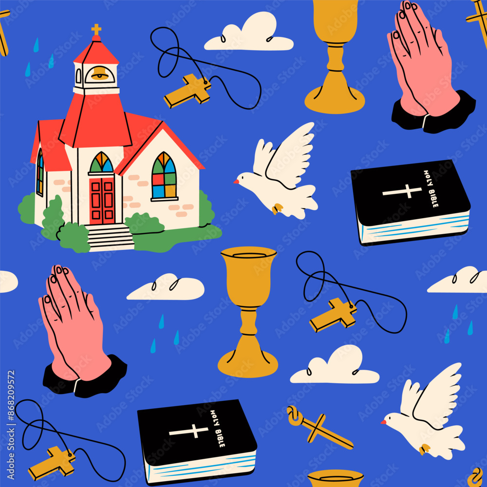 Catholic religious symbols. Various elements: chapel, praying hands ...