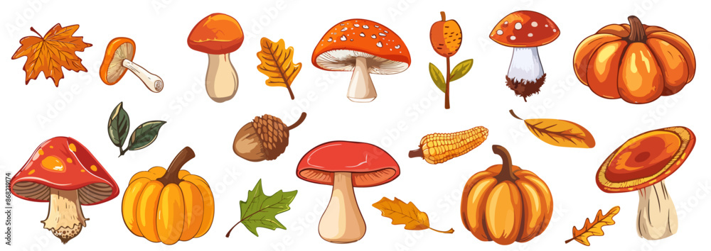 Forest mushroom, cone, leaf vector set. Autumn nature season. Vector ...