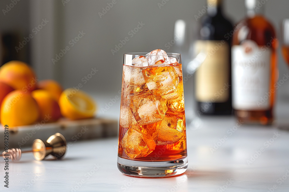 Aperol Spritz cocktail in a tall glass filled with ice cubes. The drink ...