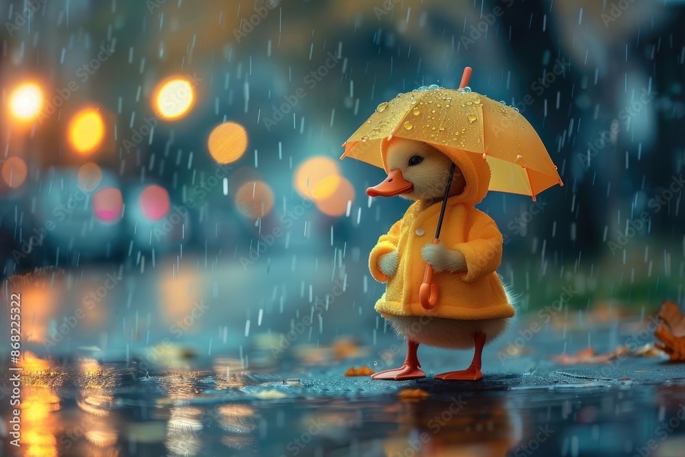 cute duckling with yellow rain coat and umbrella in a wet street ...