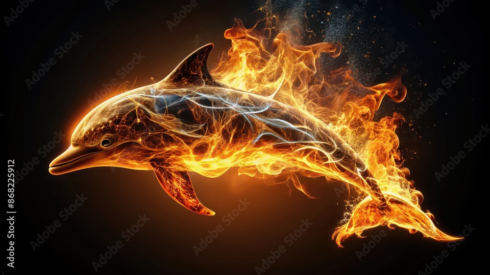 Magical dolphin made of fire with flames on its head against a black ...