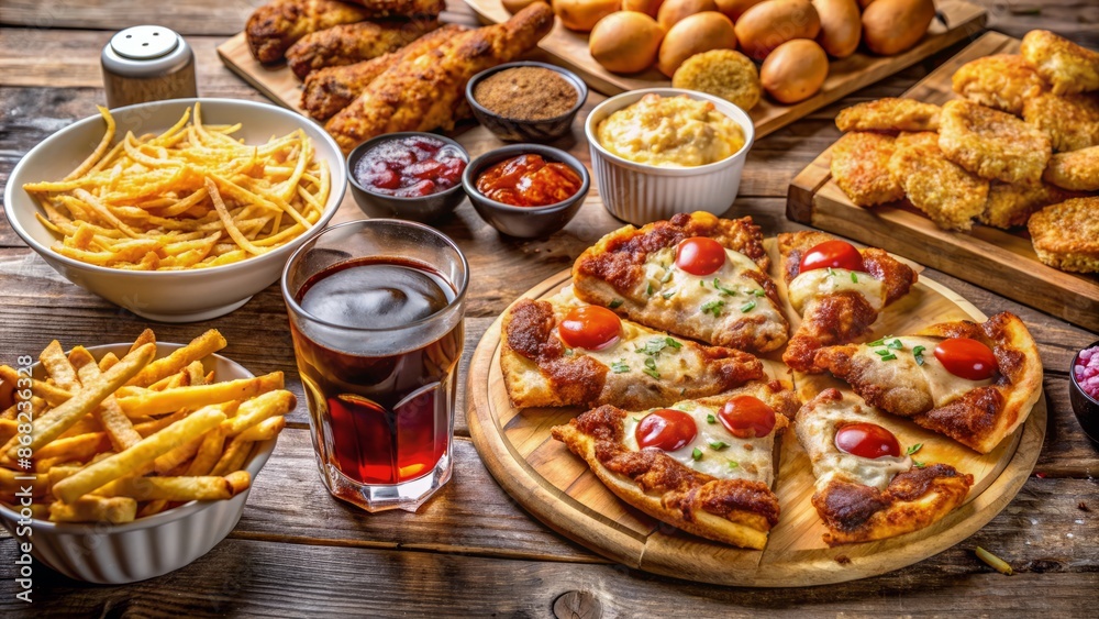 Cluttered table scattered with greasy pizza slices, fried chicken ...