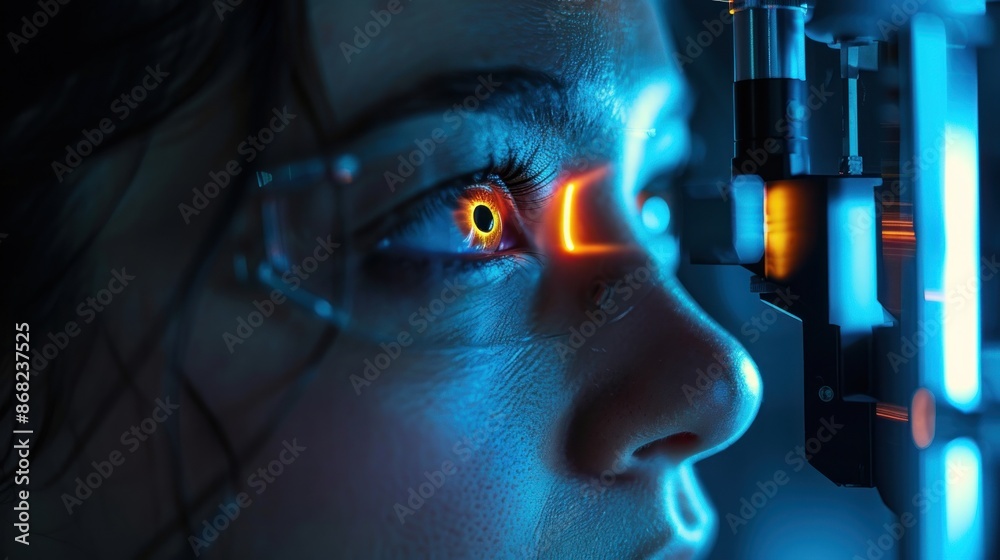 Realistic photograph of patient undergoing eye exam with automated ...