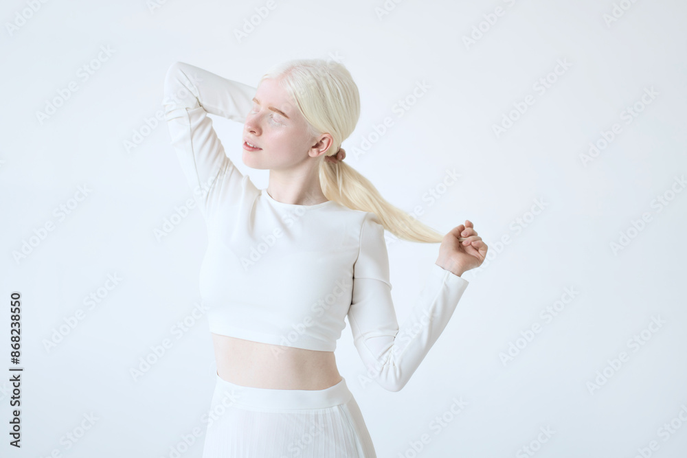 Pretty happy albino teen girl, beautiful unique model in white with ...