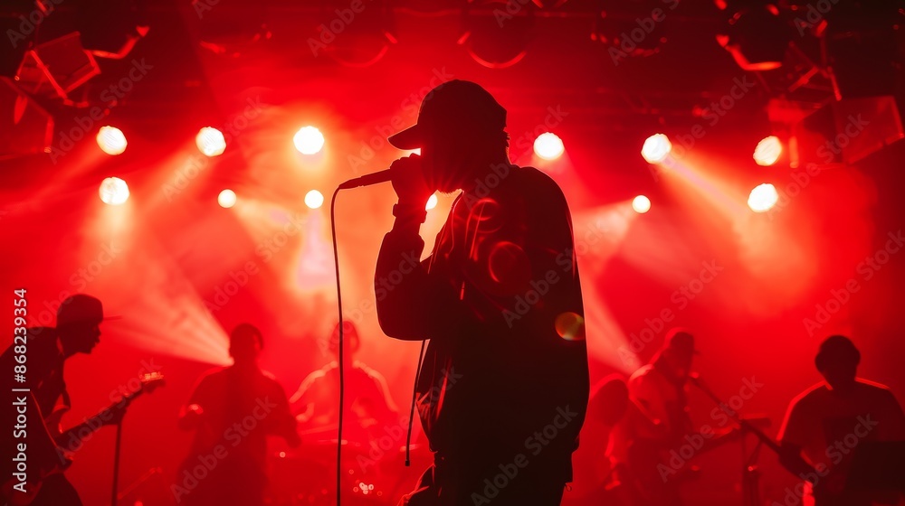 Silhouette of rap band performing on concert stage in bright red lights ...