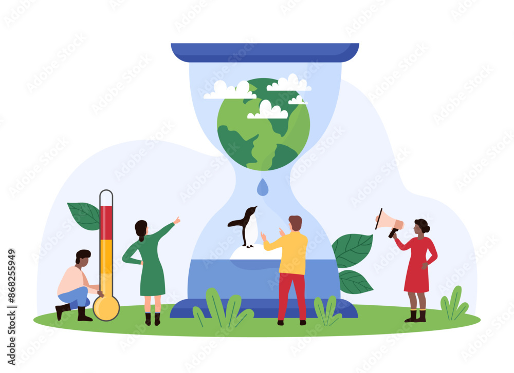Awareness of global climate change danger. Tiny people with megaphone ...