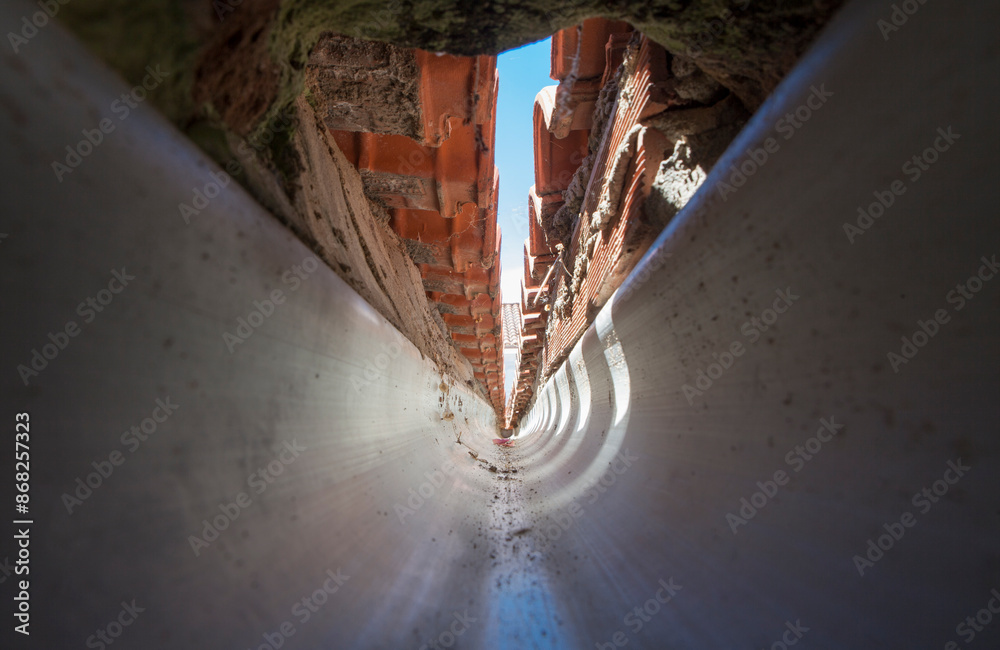 Interior of a PVC gutter at the confluence of a gable roof. Stock Photo ...