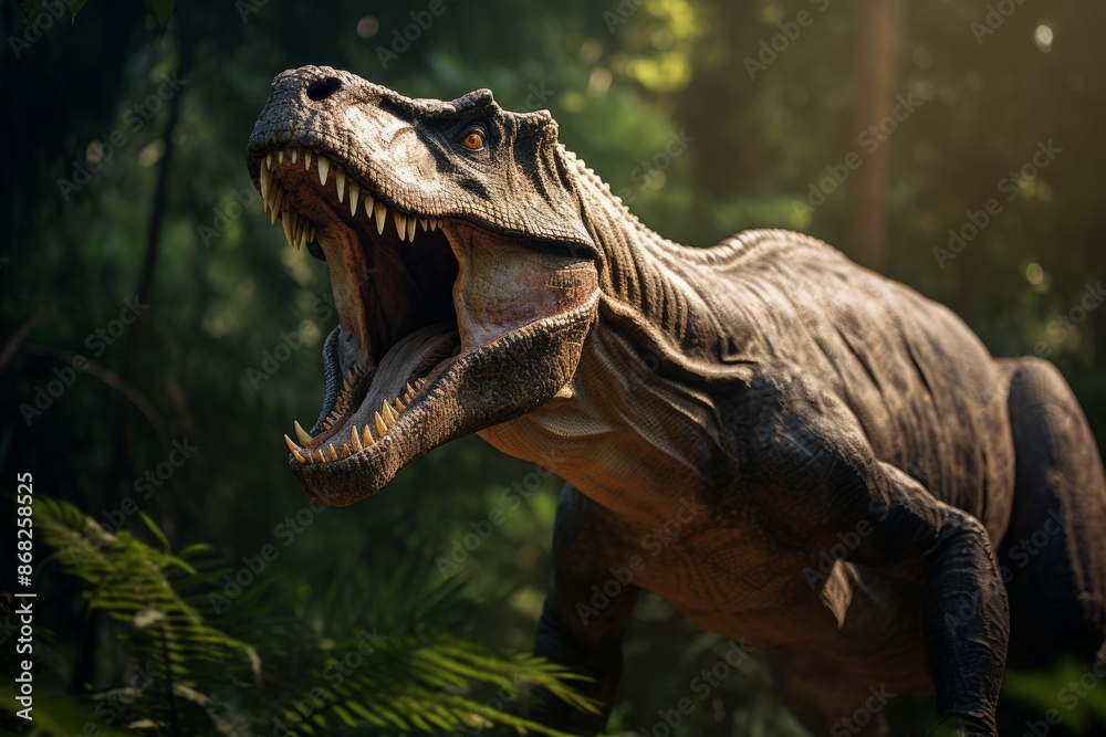 Tyrannosaurus rex roaring with bared teeth in sunlit forest, facing ...