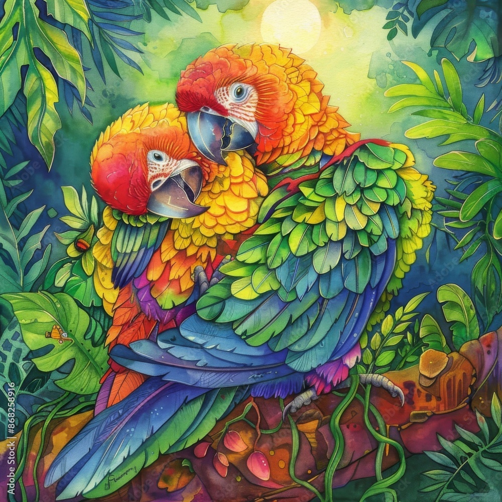 Mother Parrot Preening Baby in Vibrant Tropical Rainforest Watercolor ...