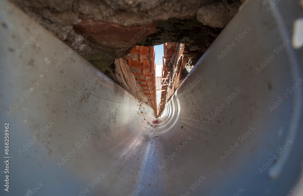 Interior of a PVC gutter at the confluence of a gable roof. Stock Photo ...