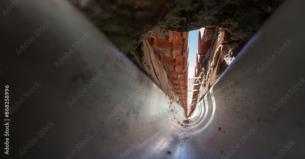 Interior of a PVC gutter at the confluence of a gable roof. Stock Photo ...