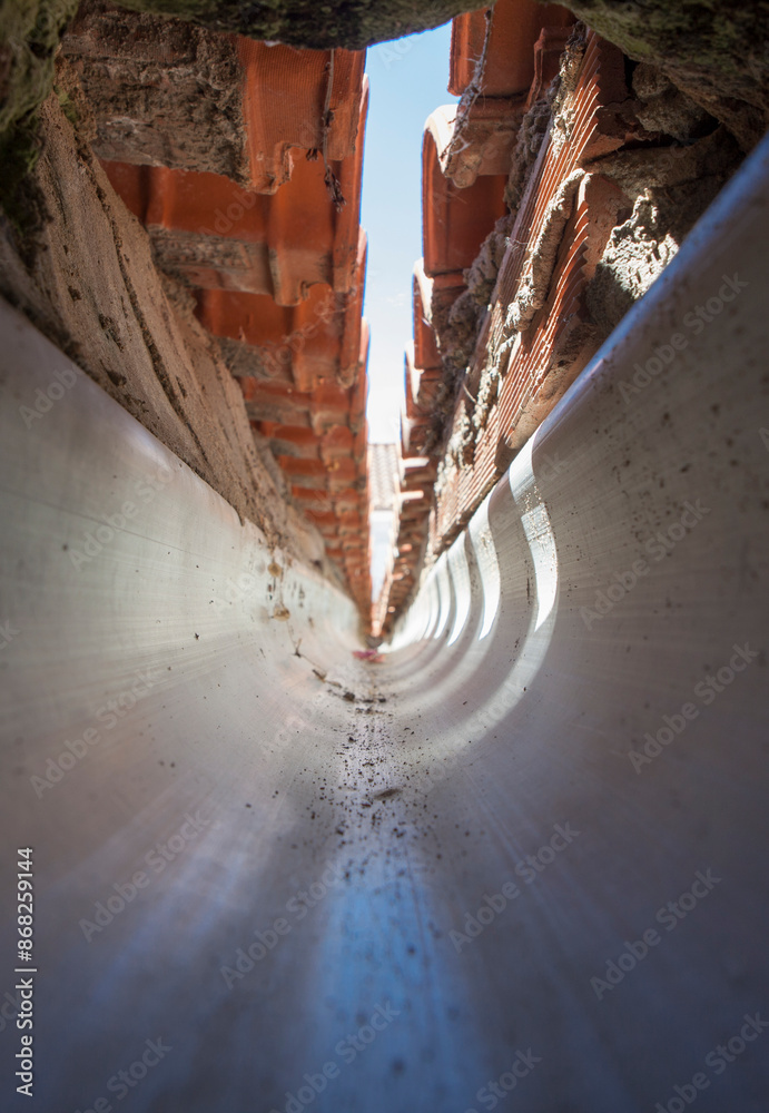 Interior of a PVC gutter at the confluence of a gable roof. Stock Photo ...