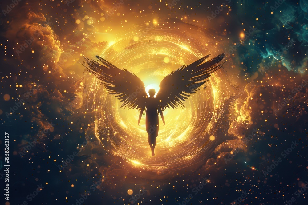 Seraphic figure descending from a radiant celestial portal, wings ...
