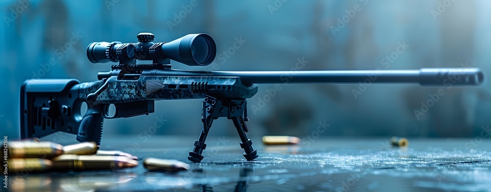 ภาพประกอบสต็อก Black Sniper Rifle With Sight Blue Background Long